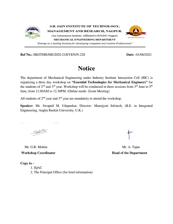 Three day workshop on “Essential Technologies for Mechanical Engineers ...