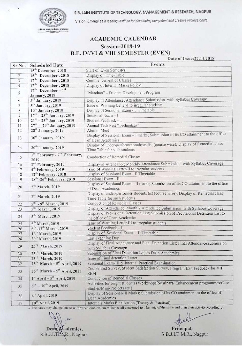 ACADEMIC CALENDAR – S. B. Jain Institute of Technology, Management and ...