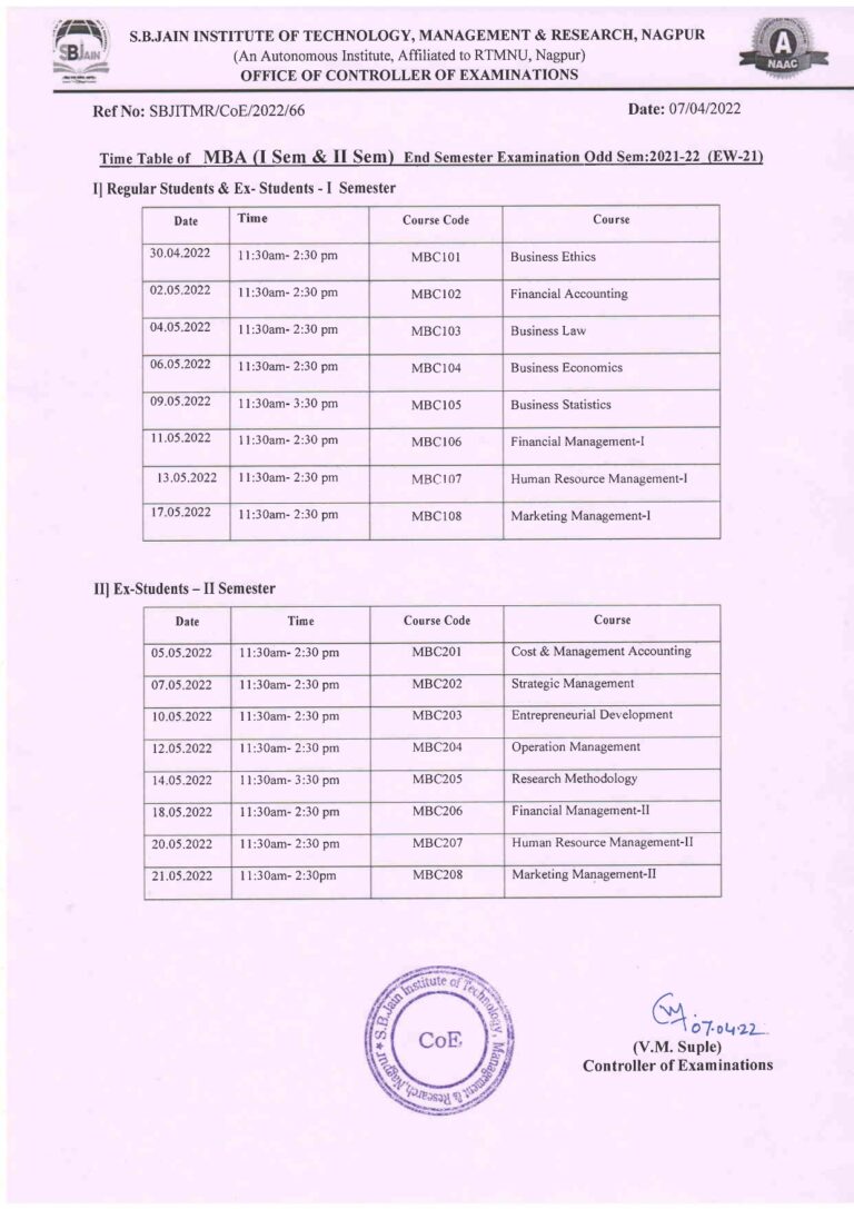 Time Table of MBA (I & II Sem) ESE-Odd Sem 2021-22 (EW-21) – S. B. Jain ...